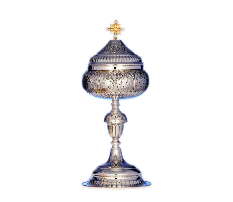 Ciborium liturgical silver with base, node and cup chiseled